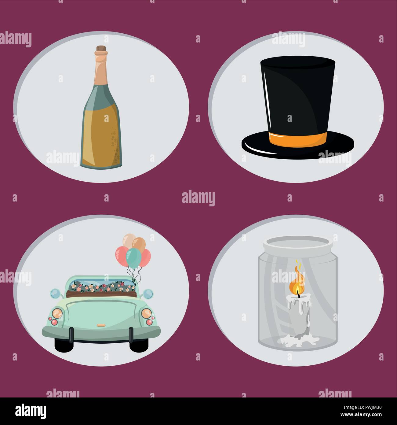 wedding day party reception items and icons cartoon vector illustration ...