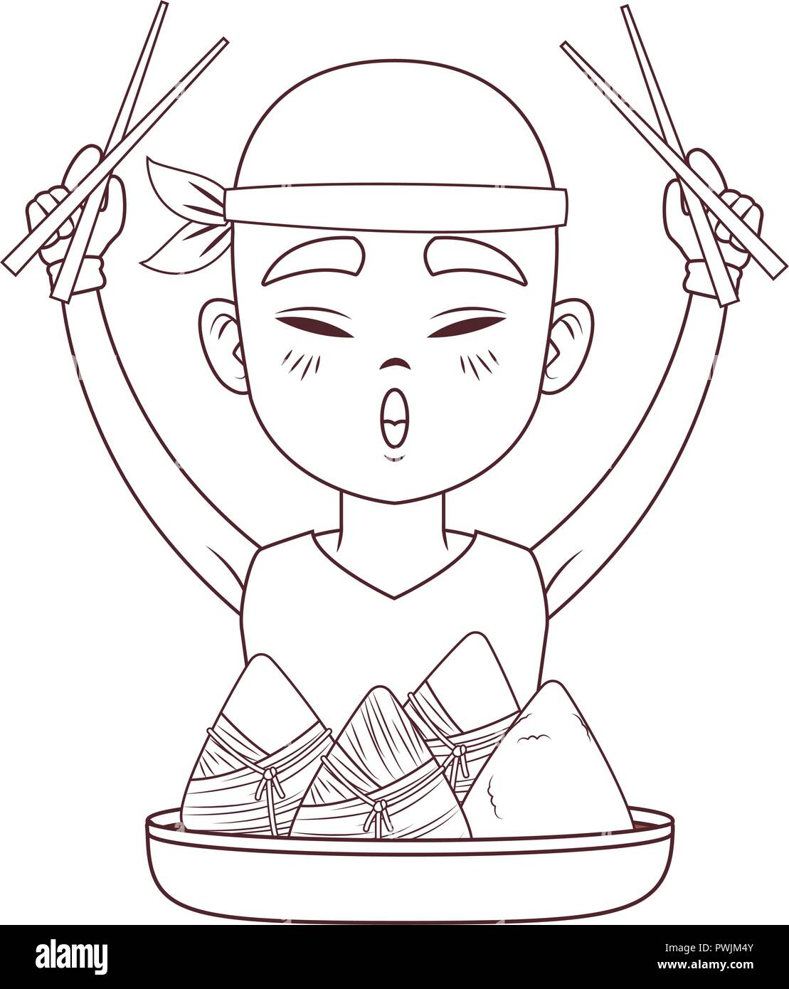 Asian man with rice dumplings cartoons in black and white vector ...