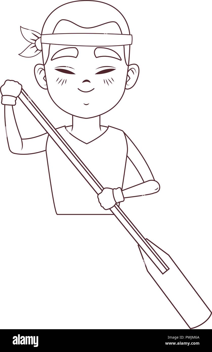 Asian man with rowing cartoon in black and white vector illustration ...