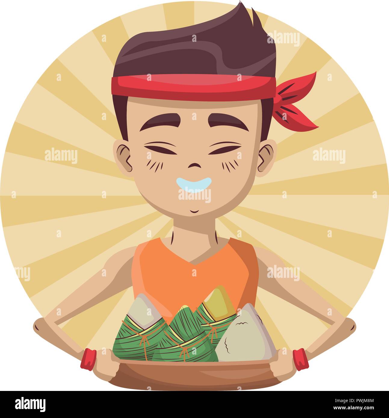 Asian man with rice dumplings cartoons round striped icon vector ...