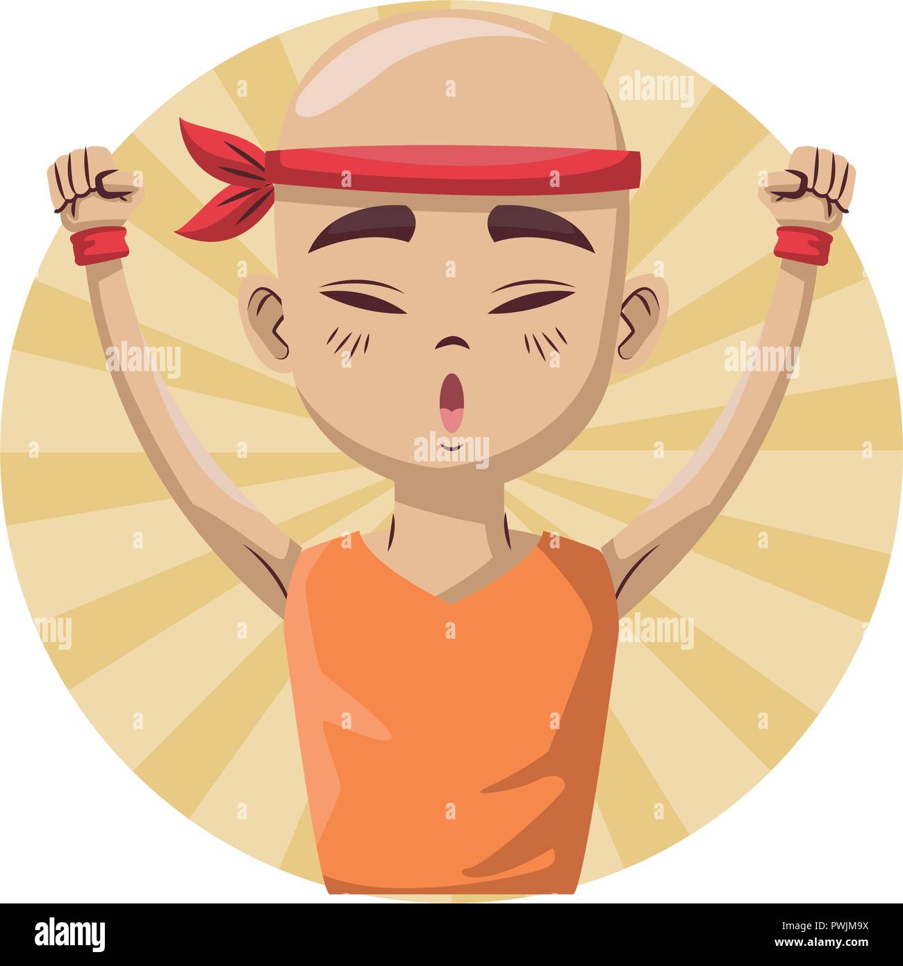 Young and happy asian man cartoon round striped icon vector ...