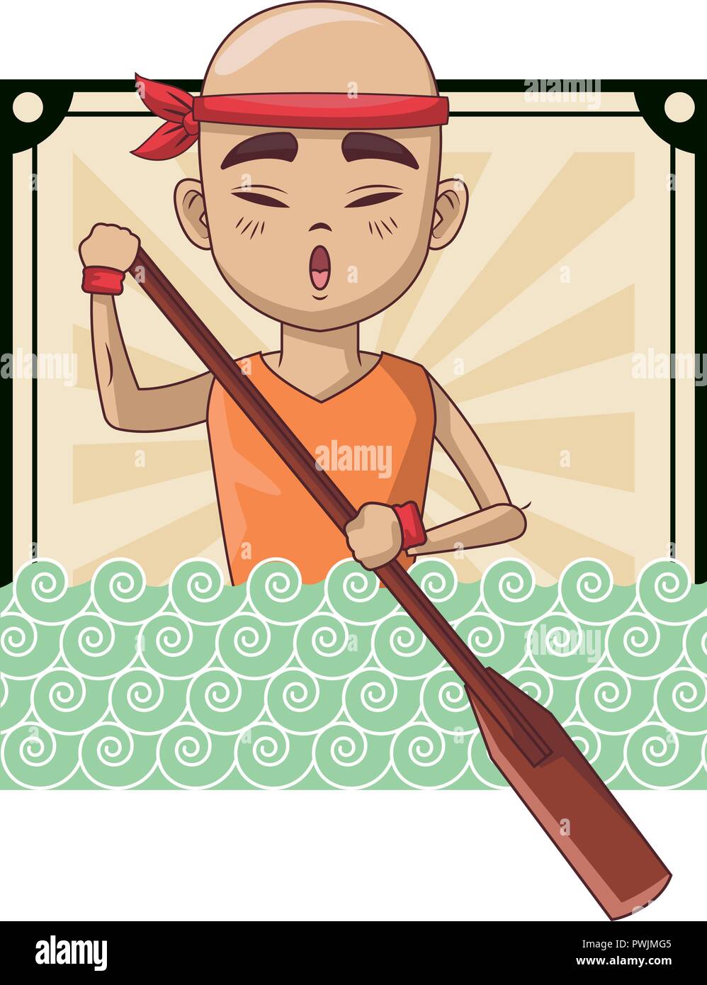 Asian man with rowing cartoon on lake frame scenery vector illustration ...