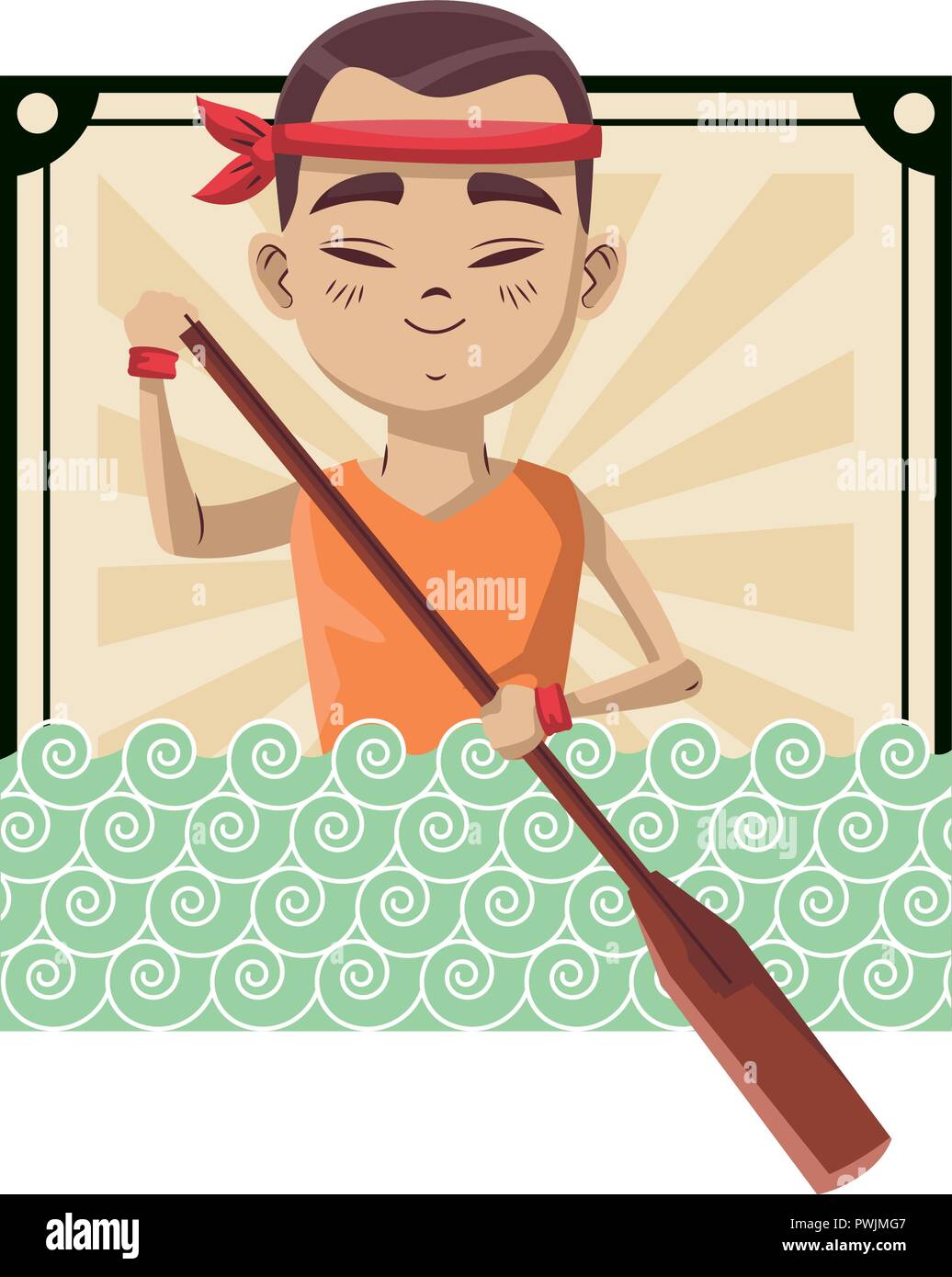 Asian man with rowing cartoon on lake frame scenery vector illustration ...