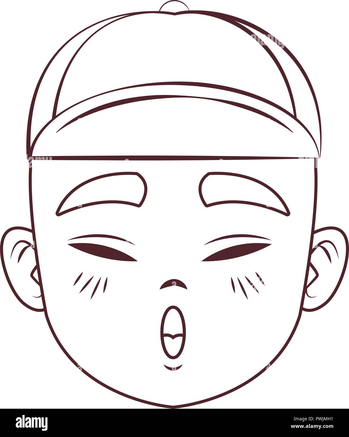 Asian man face with cap hat in black and white vector illustration ...