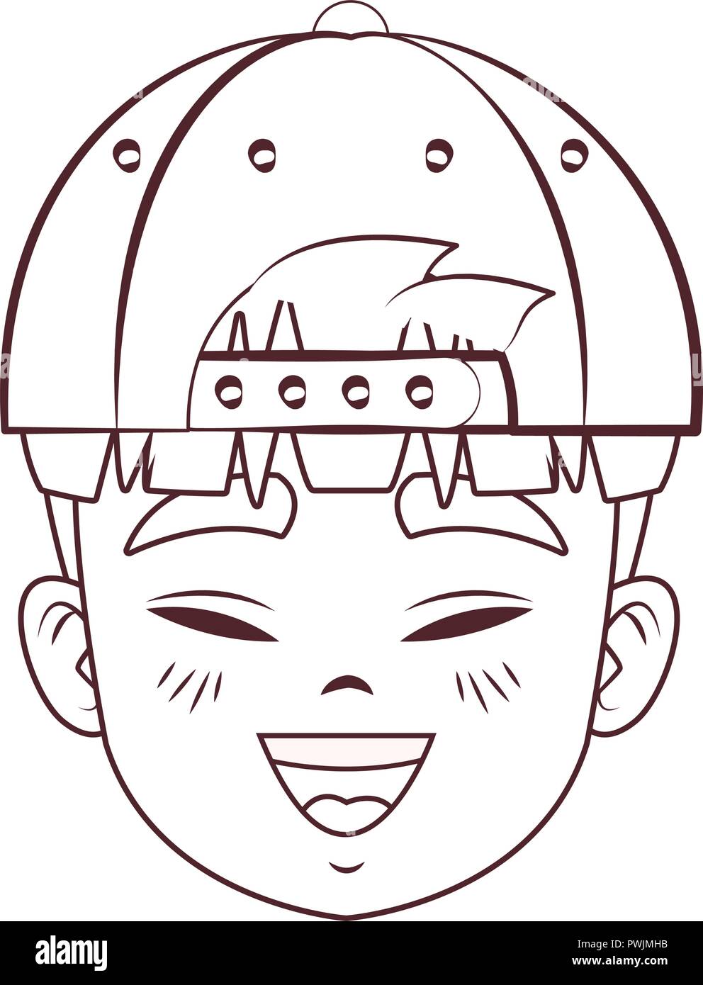 Asian man face with cap hat in black and white vector illustration ...