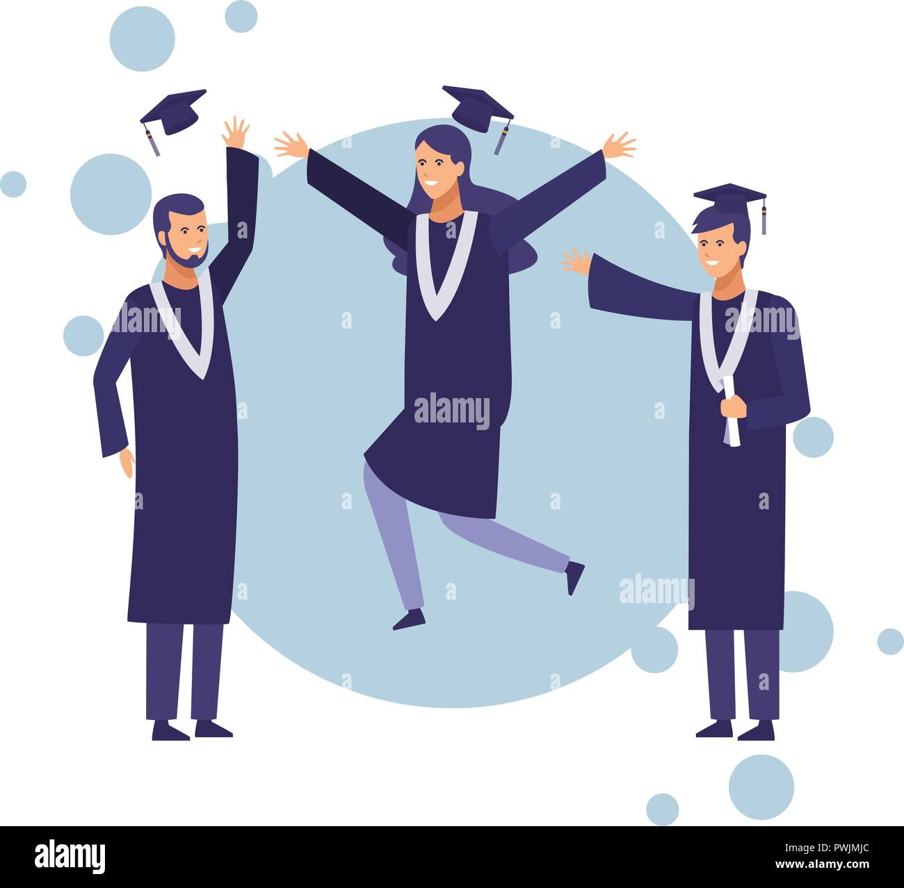 Students with gowns on graduation celebration vector illustration ...