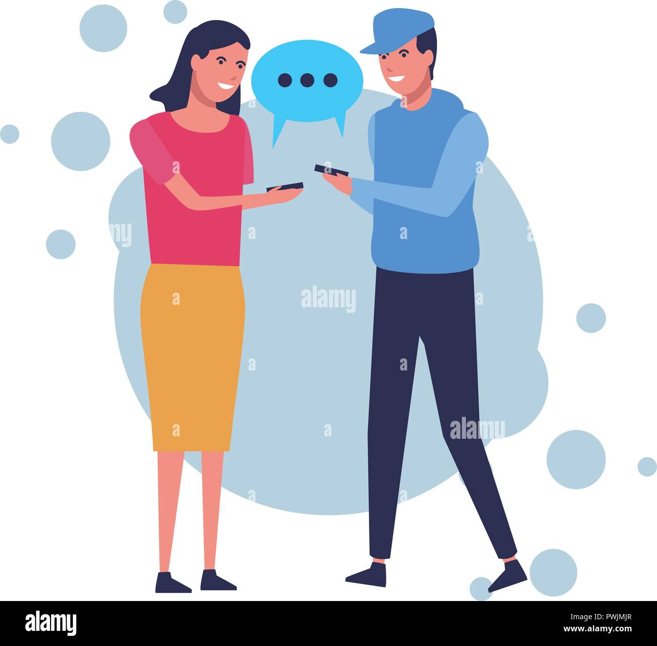 Young couple chatting on smartphones cartoon over splash background ...