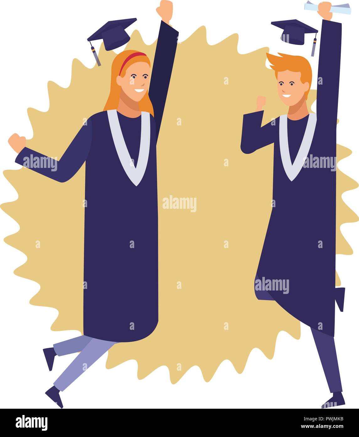 Students with gowns on graduation celebration vector illustration ...