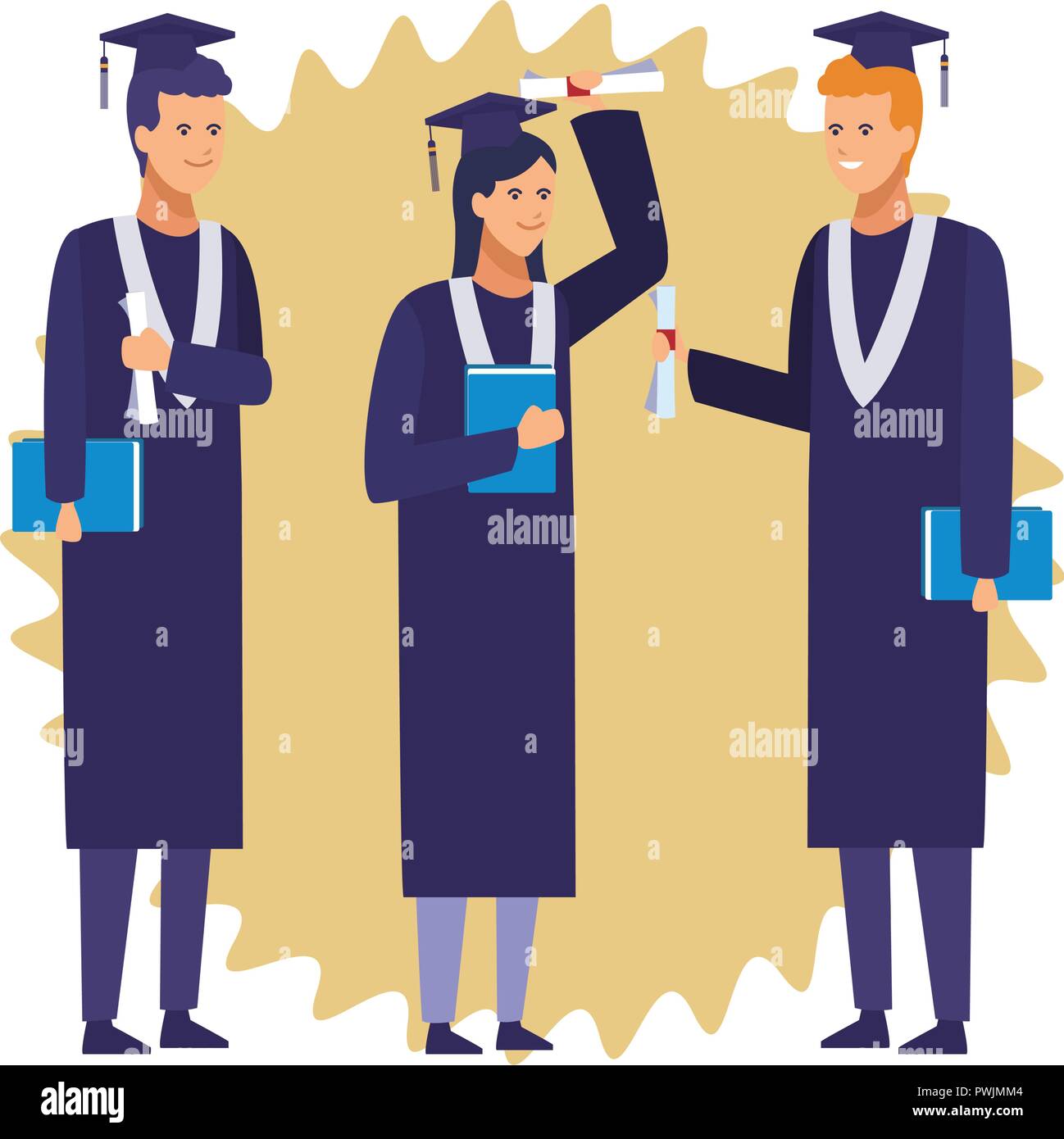 Students with gowns on graduation celebration vector illustration ...