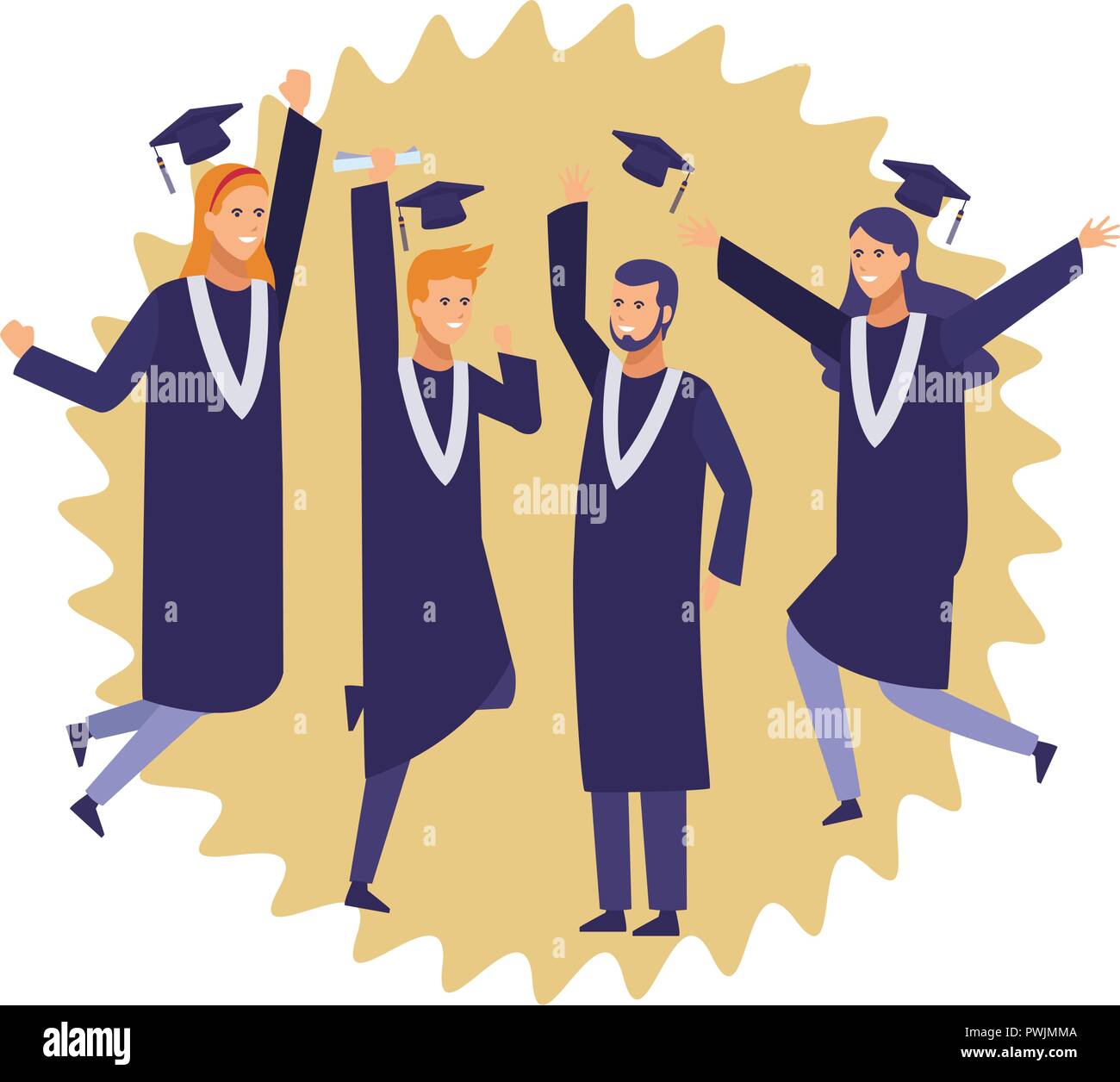 Students with gowns on graduation celebration vector illustration ...