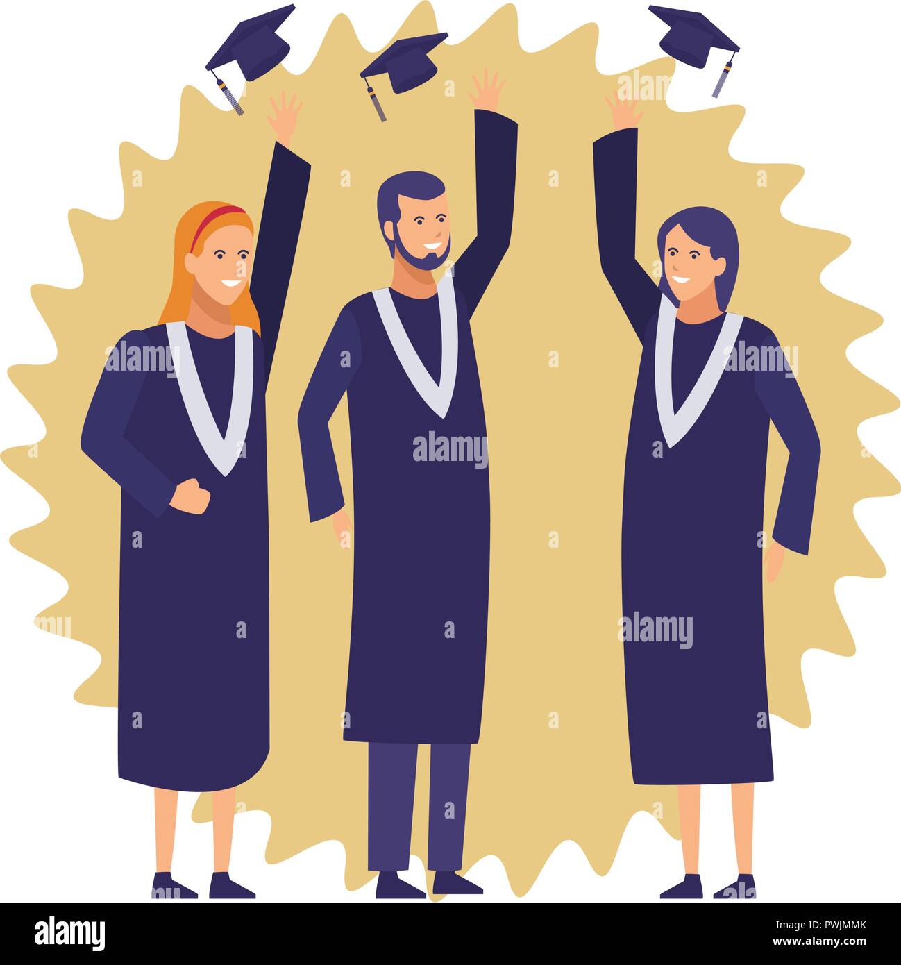 Students with gowns on graduation celebration vector illustration ...