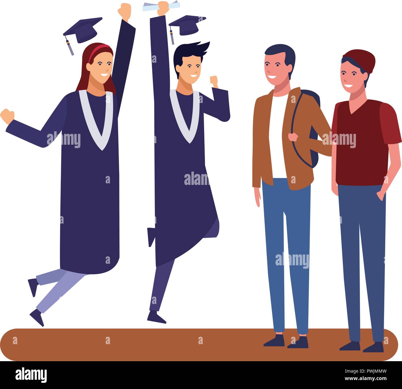 Students with gowns on graduation celebration vector illustration ...