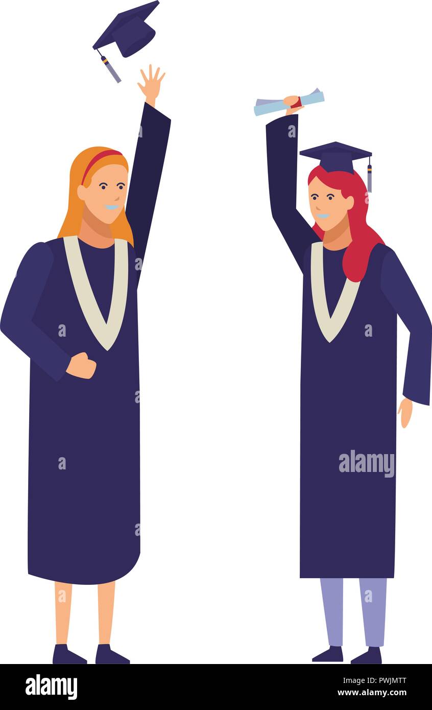 Students with gowns on graduation celebration vector illustration ...