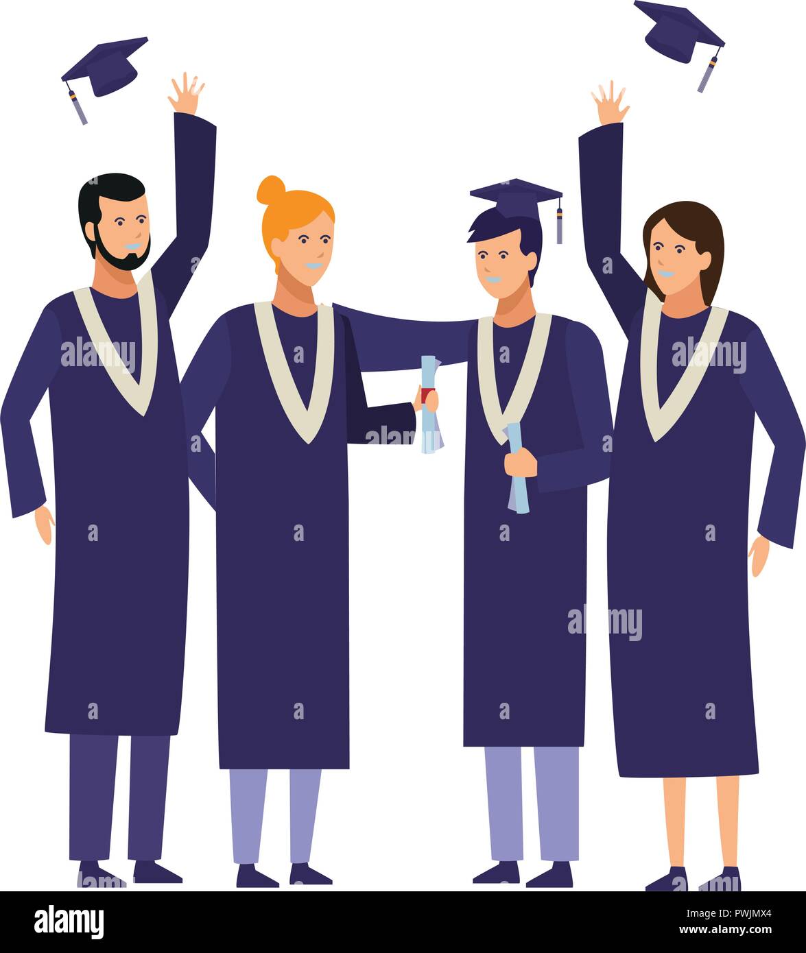 Students with gowns on graduation celebration vector illustration ...