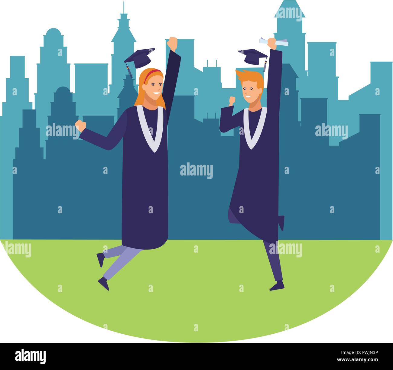 Students with gowns on graduation celebration over cityscape background ...