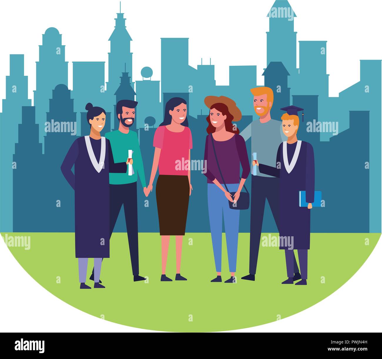 Students with family on graduation celebration cartoon over cityscape ...