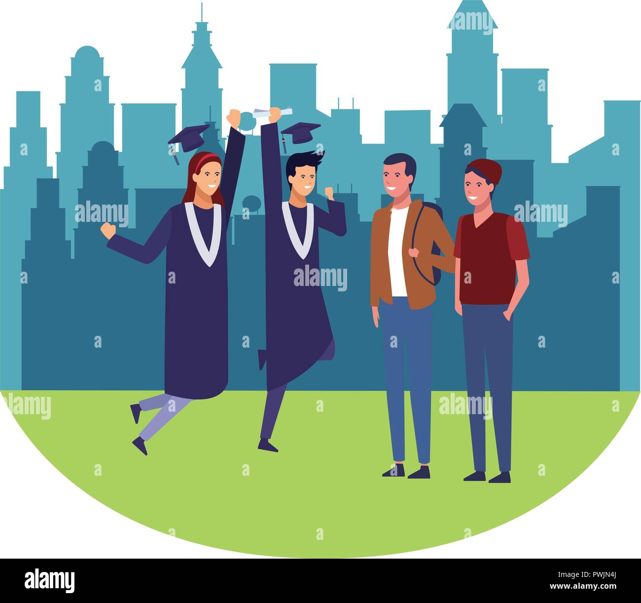 Student with family on graduation celebration cartoon over cityscape ...