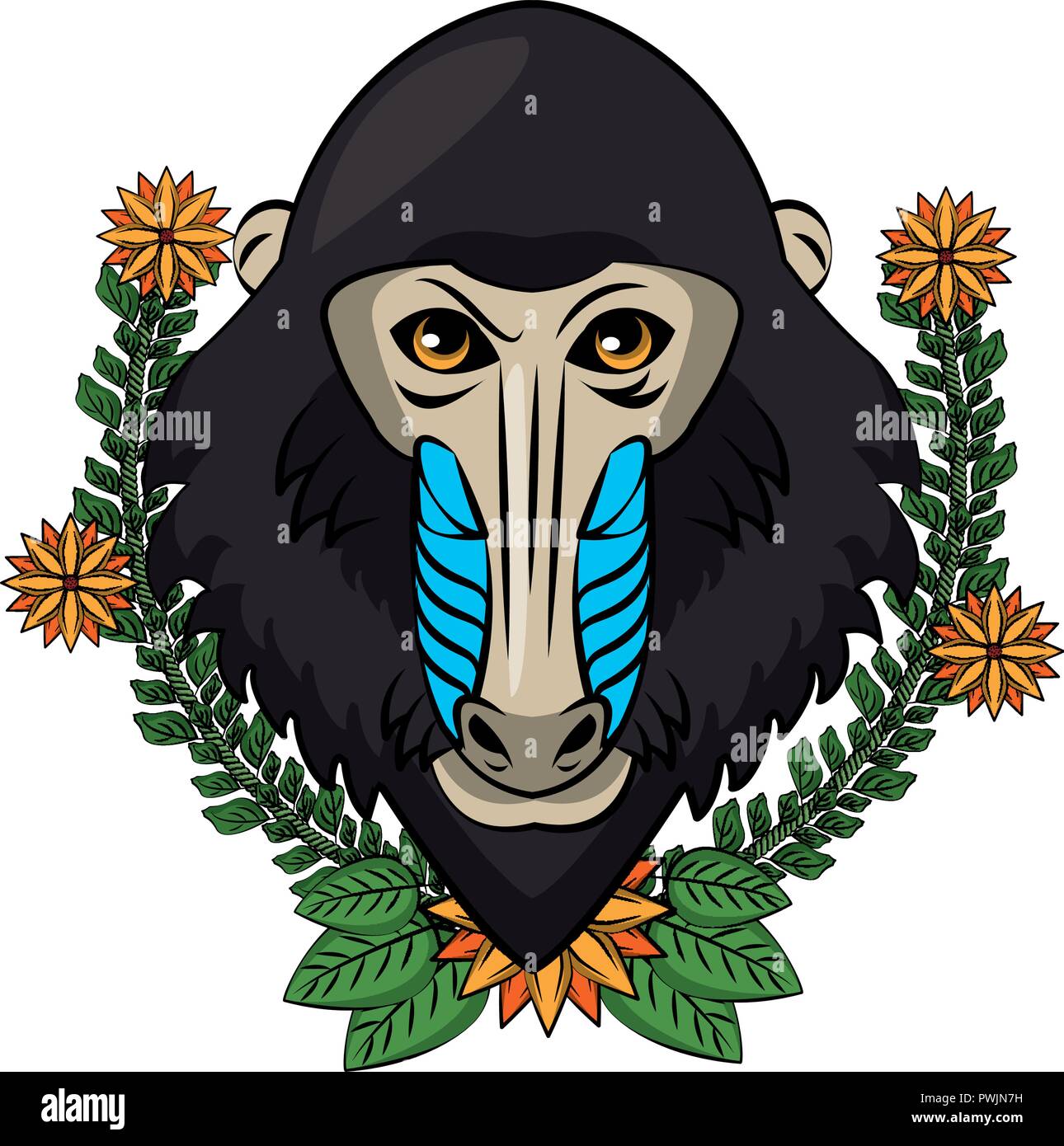 Mandrill face cool sketch wild animal on leaves and flowers wreath ...