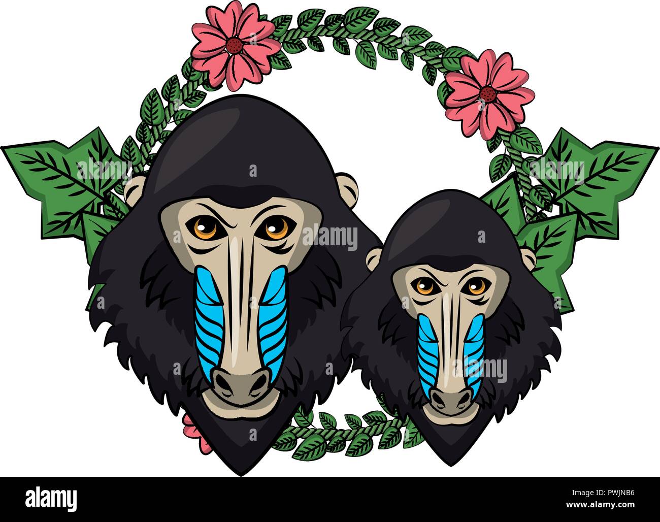 Mandrill face cool sketch wild animal on leaves and flowers wreath ...