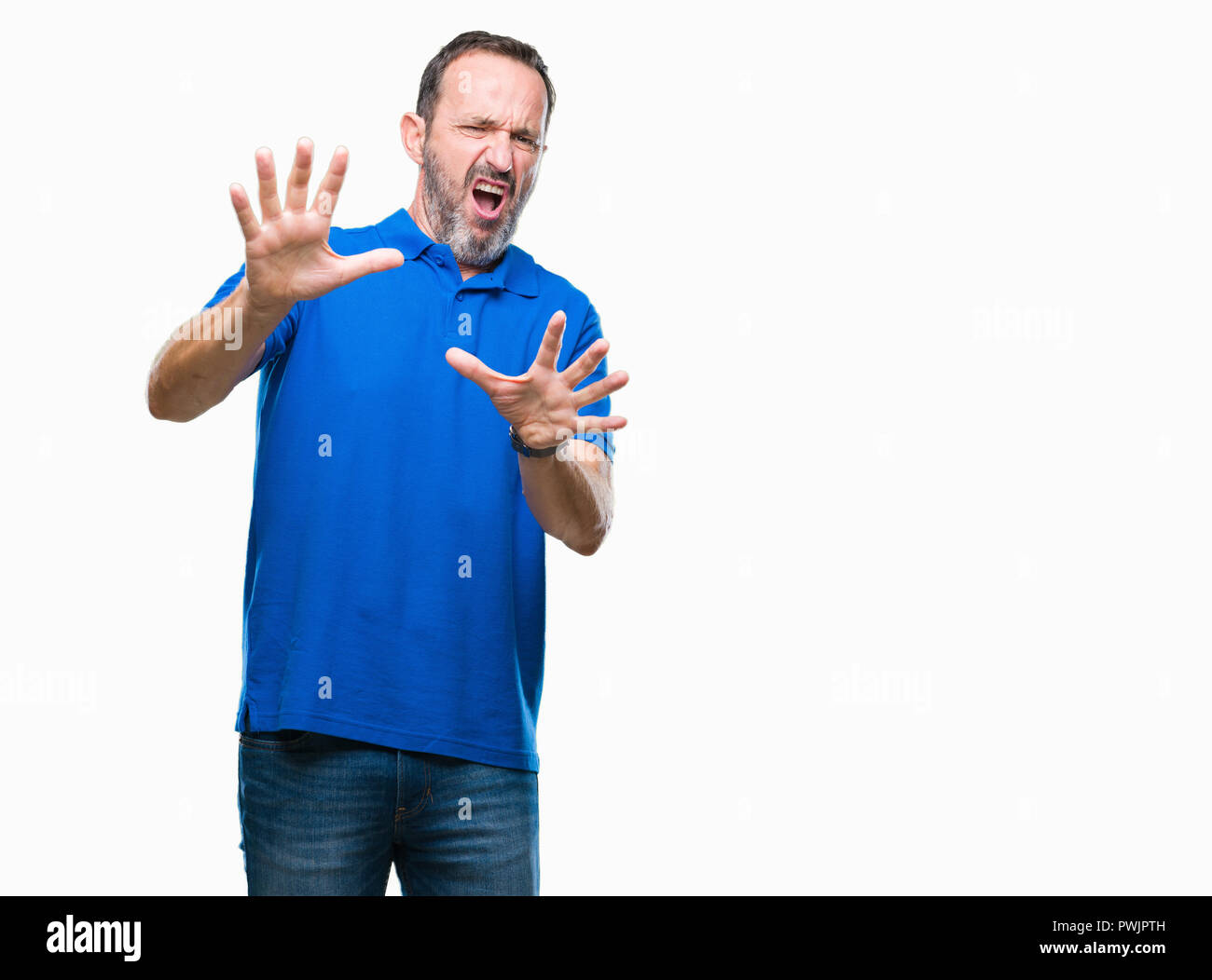 Middle age hoary senior man over isolated background afraid and ...