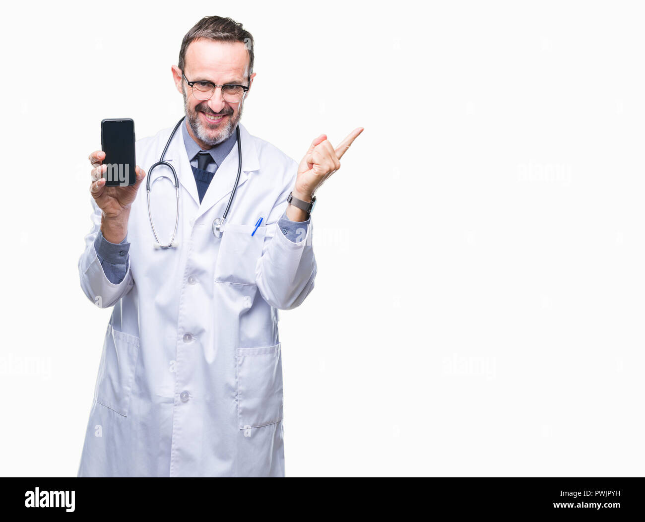 Middle age senior hoary doctor man showing smartphone screen over ...