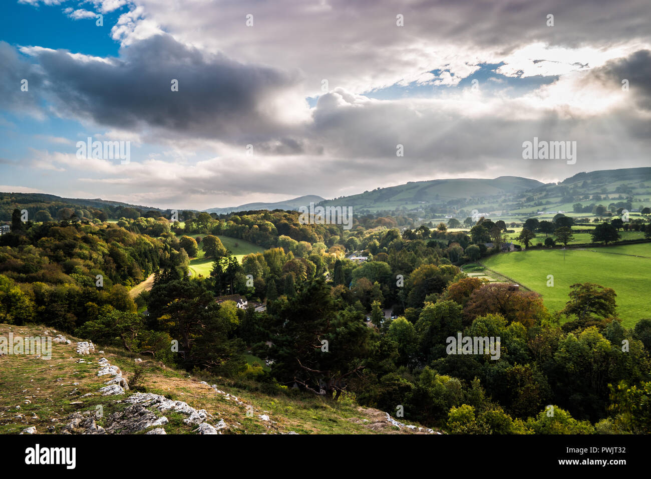 Loggerheads country park view from the limestone cliff, North Wales UK ...