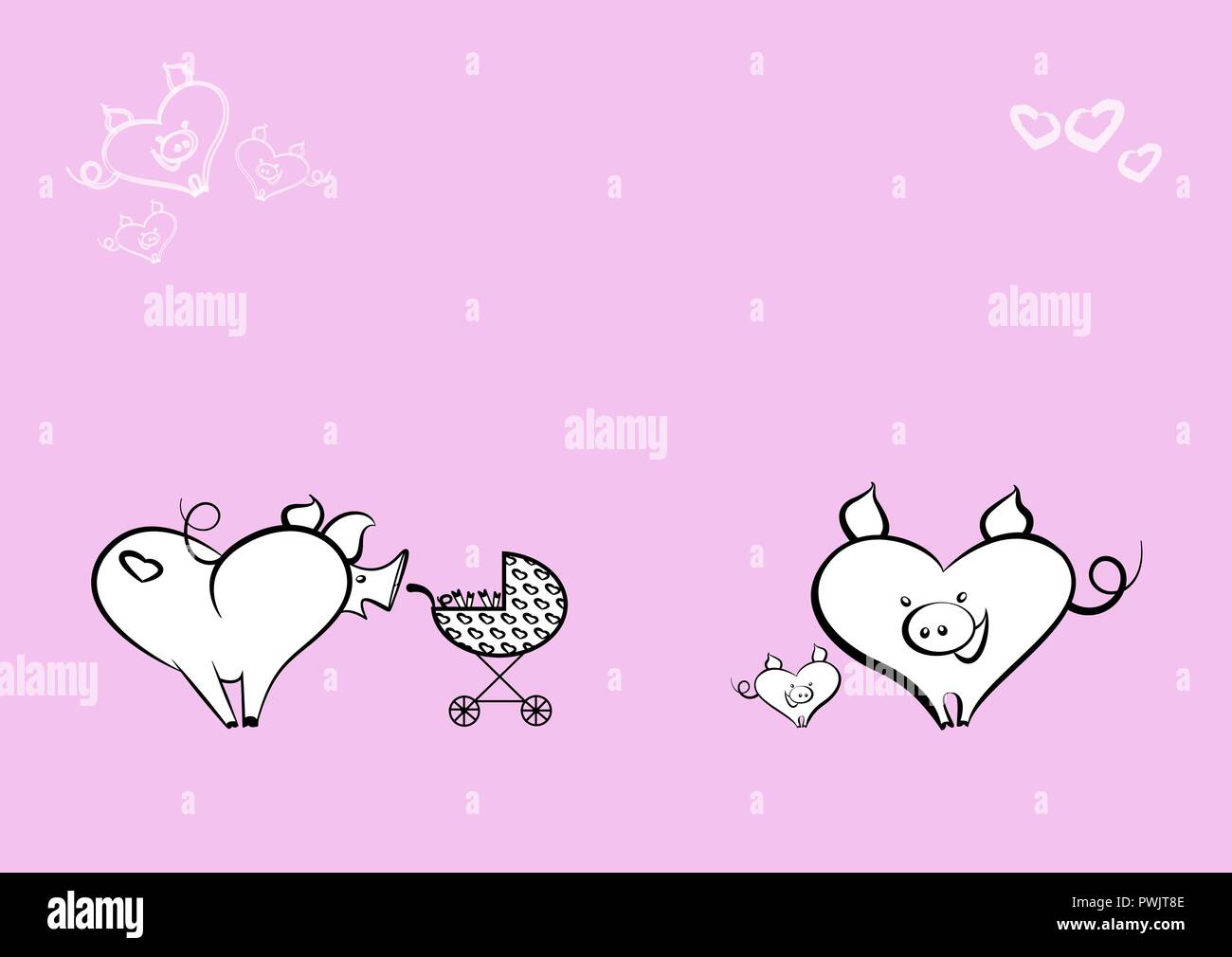 Family of fun heart-shaped pigs on pink background. Cute piggies with ...