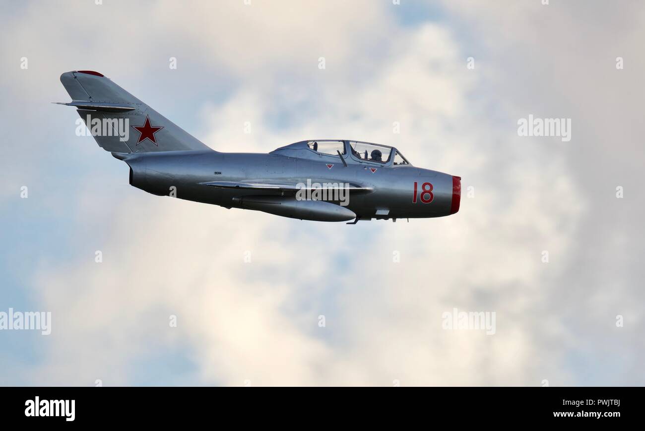 Mikoyan-Gurevich MiG-15 “RED 18” flying at the IWM Duxford Battle of ...