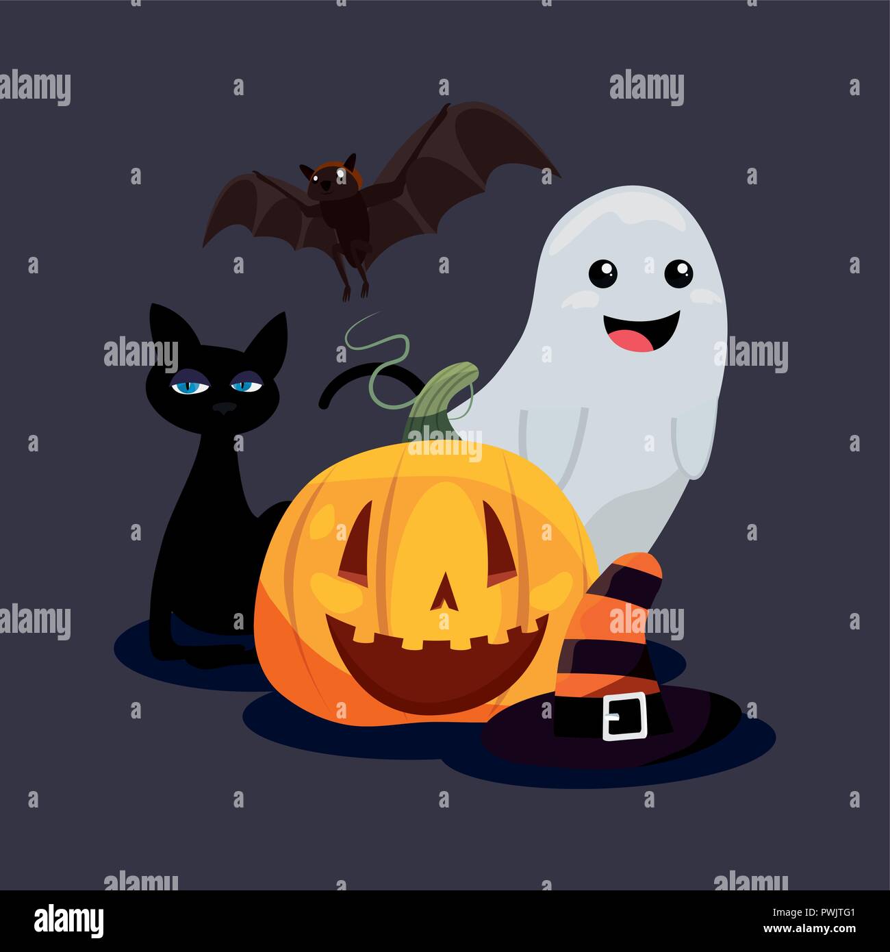 happy halloween ghost pumpkin cat bat and witch hat vector illustration ...
