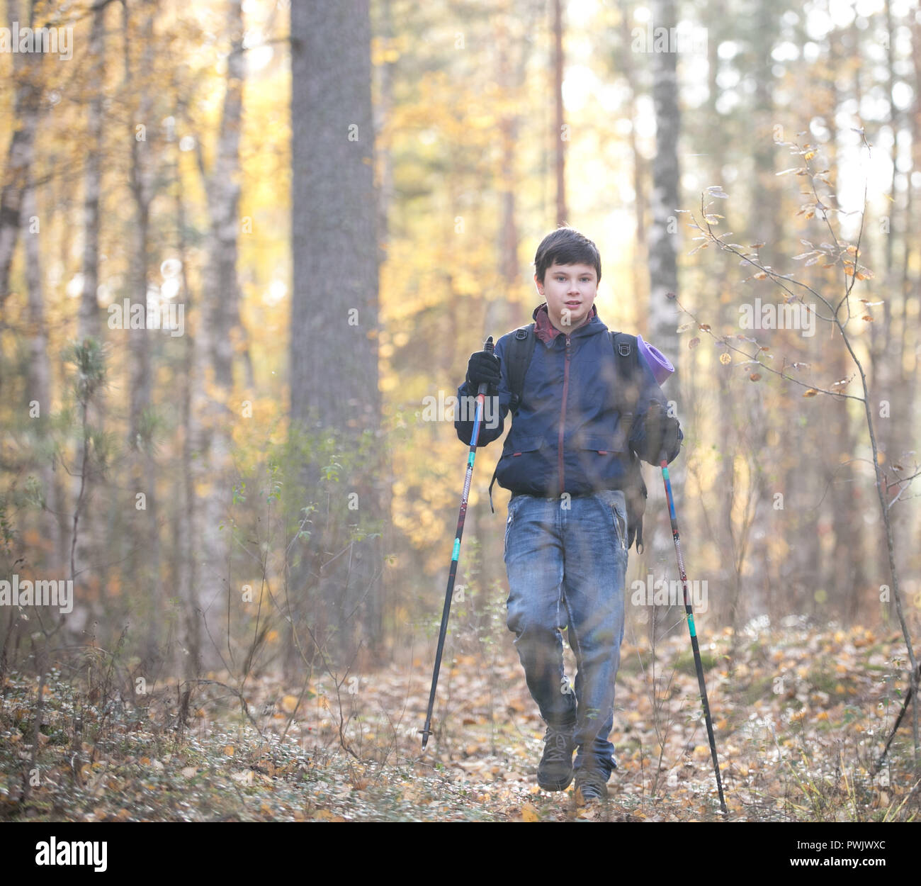Nordic walking. Portrait of child in an autumn. Child having fun in the ...