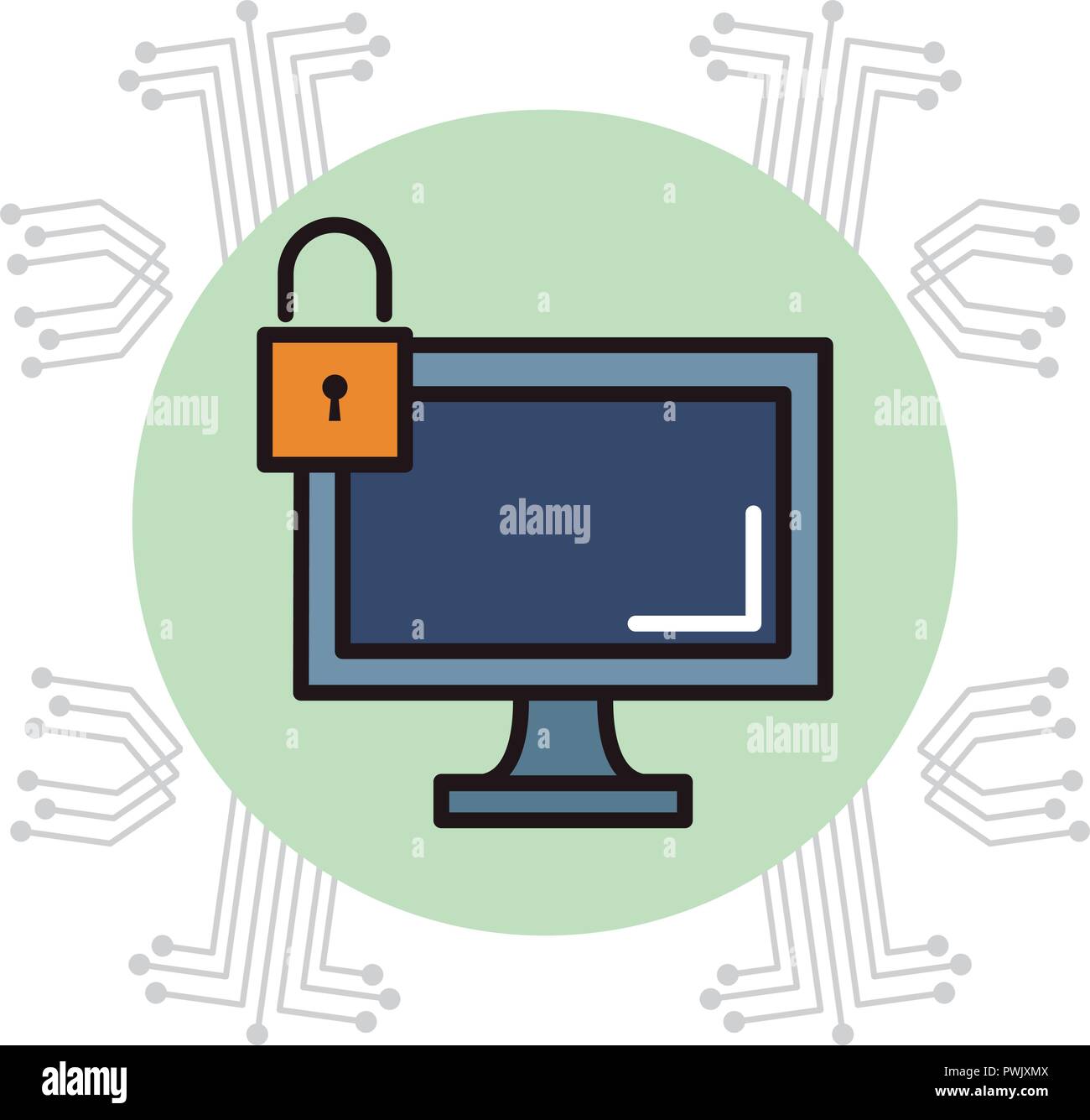 Computer screen device on microchip circuit round emblem vector ...