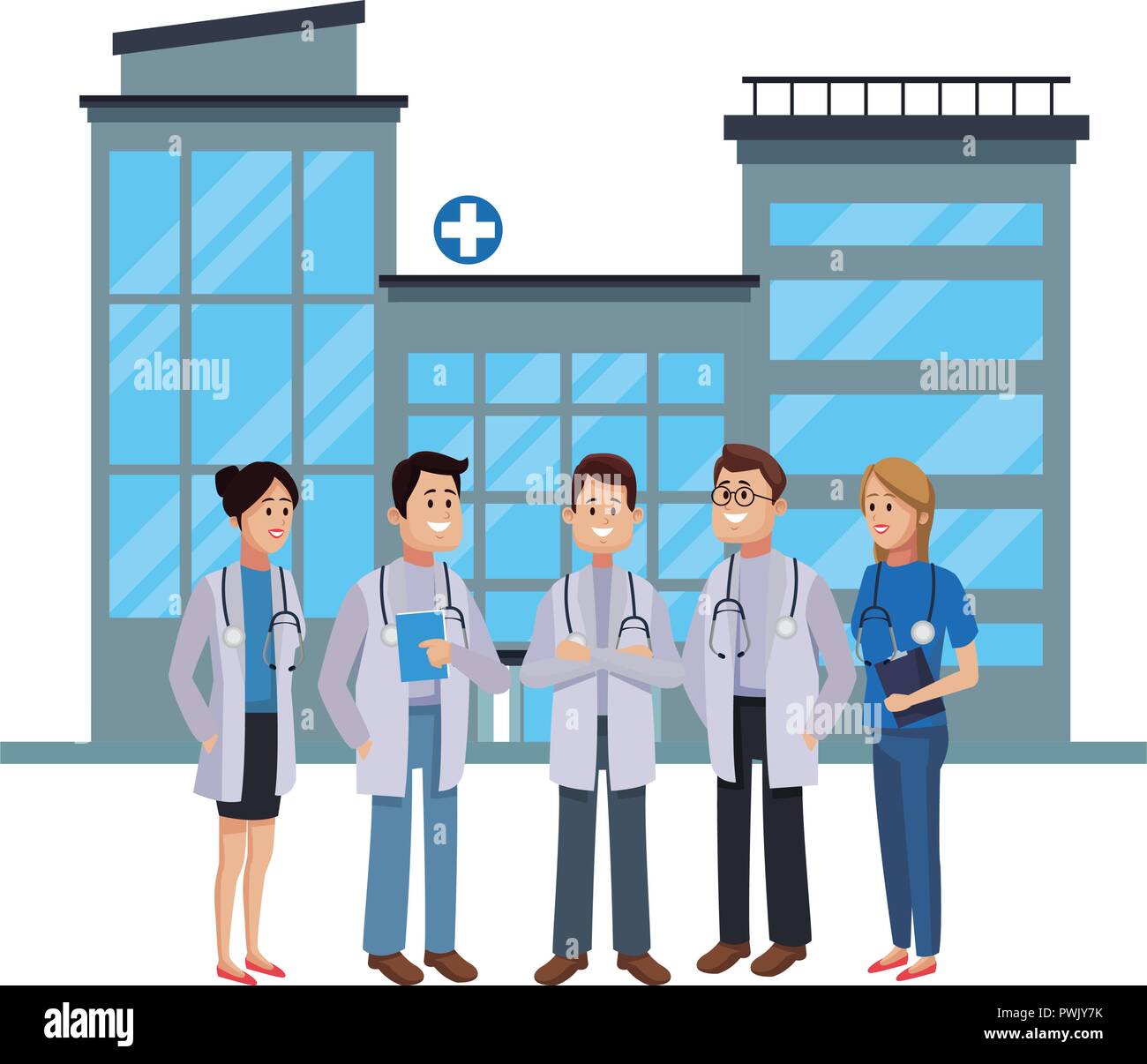 Doctors medical teamwork outside hospital building vector illustration ...