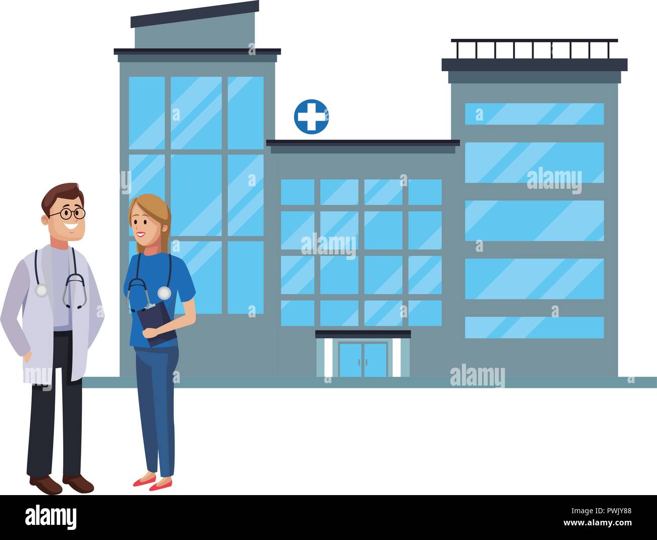 Doctors medical teamwork outside hospital building vector illustration ...