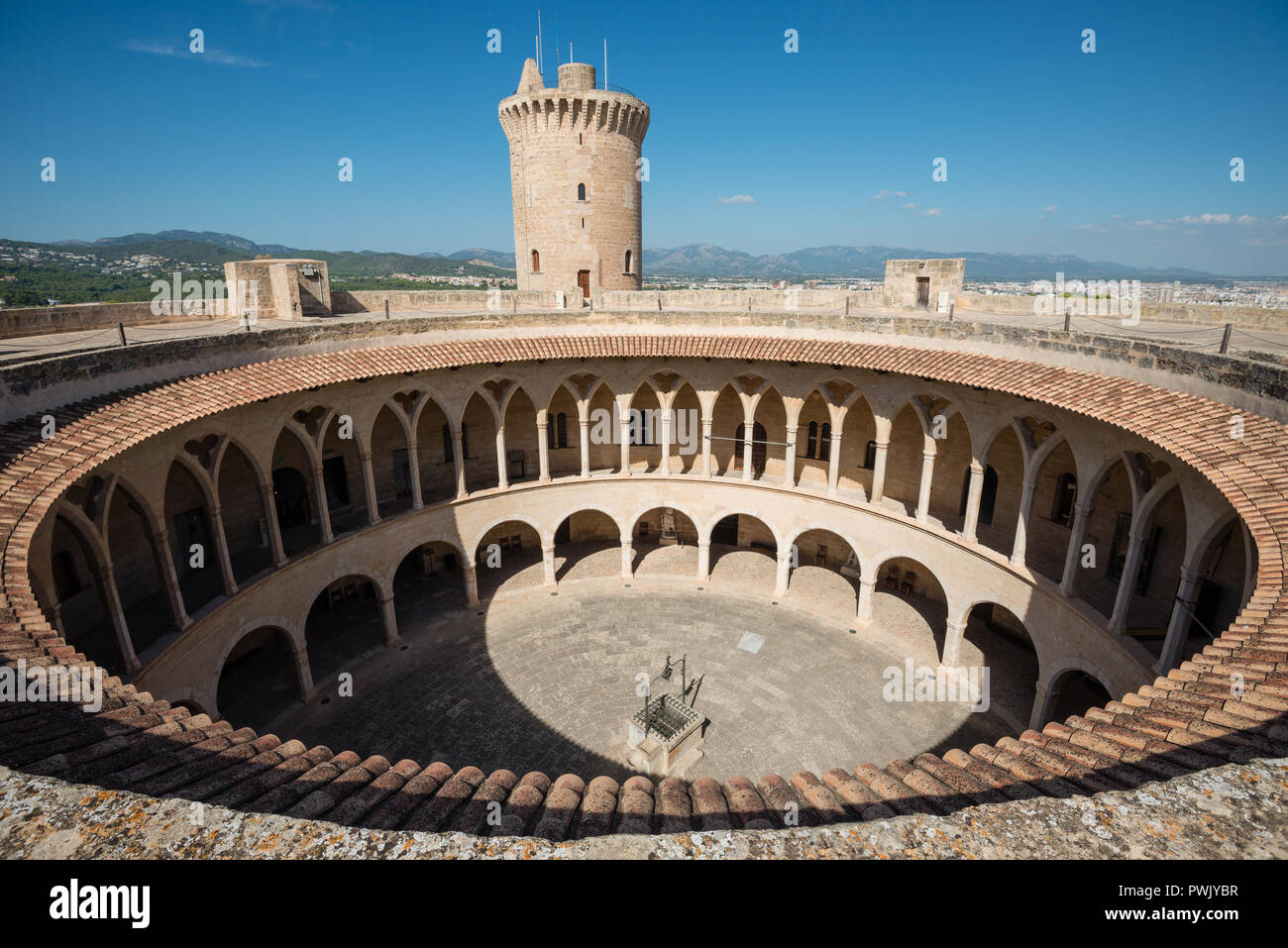 Round walls of Bellver castle - medieval fortress in Palma de Mallorca ...
