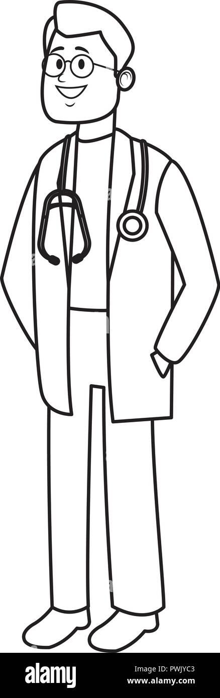 Male doctor with stethoscope cartoon in black and white vector ...