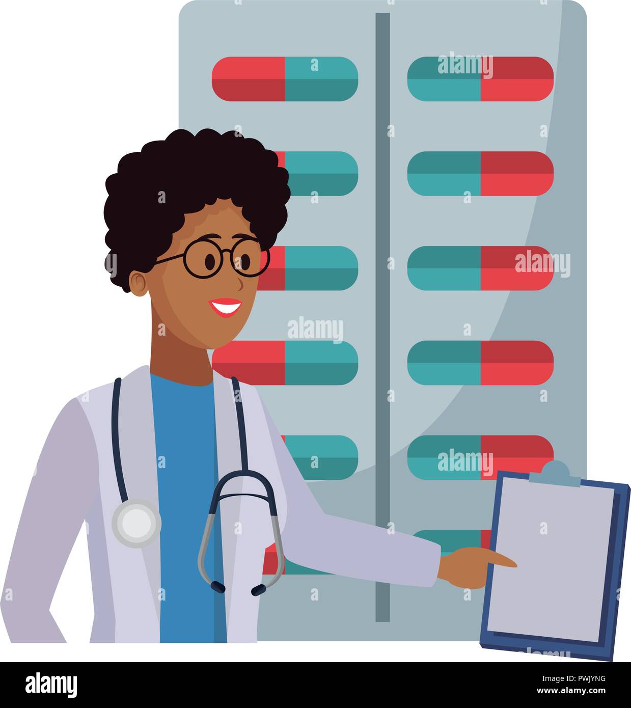 Woman doctor with stethoscope and clipboard cartoon over pills tablet ...
