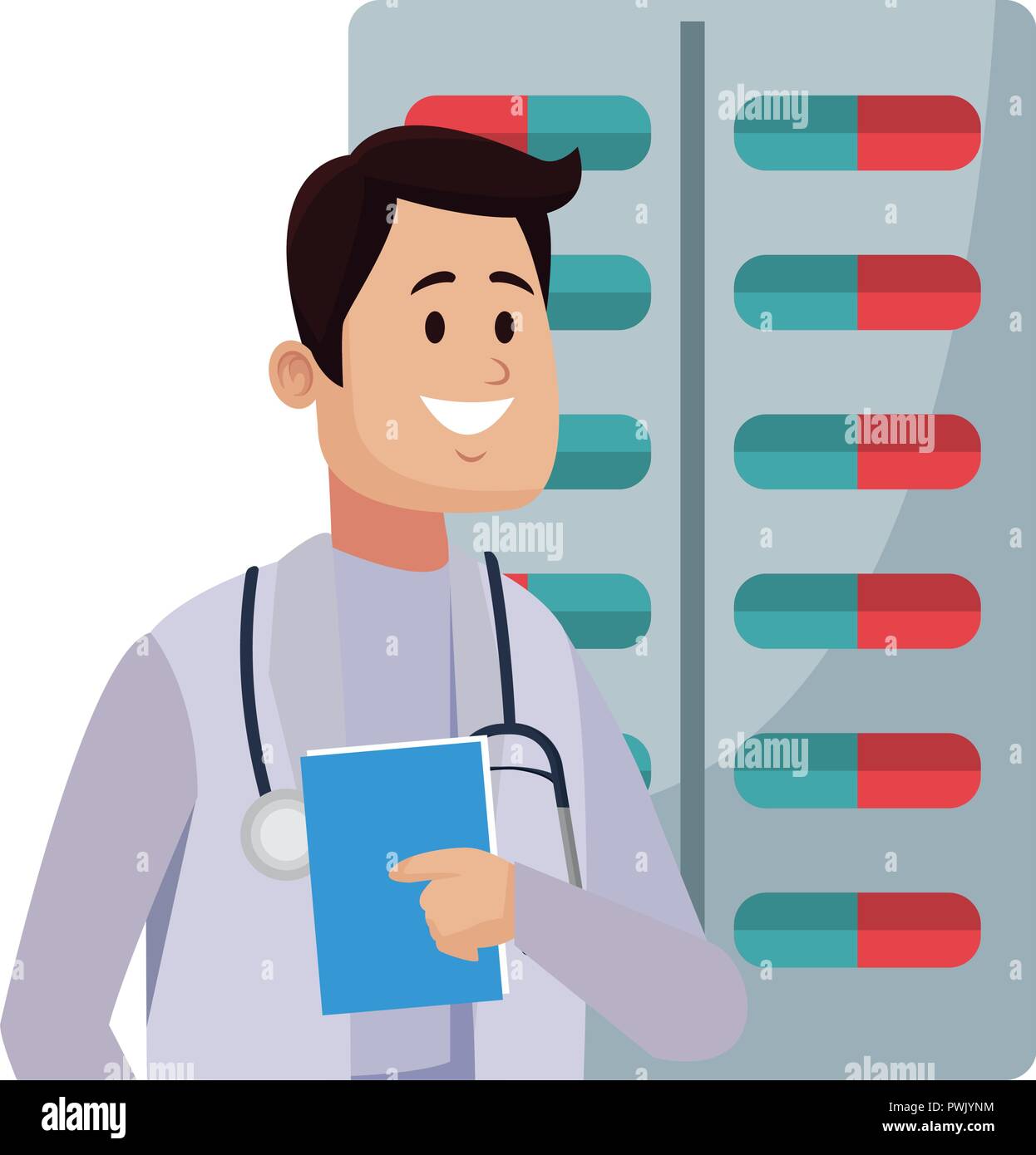 Male doctor with stethoscope and clipboard cartoon over pills tablet ...