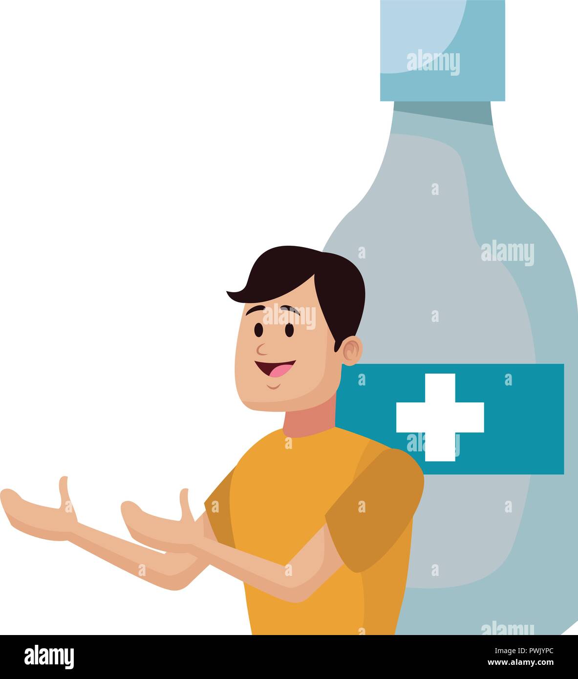 Man with arms extended cartoon over medicine bottle vector illustration ...