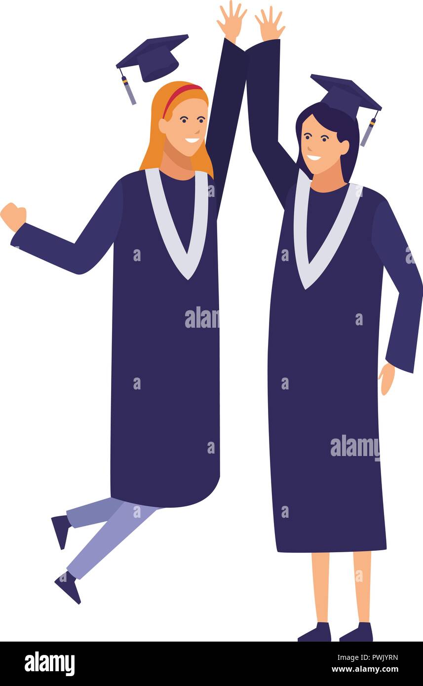 Students with gowns on graduation celebration vector illustration ...