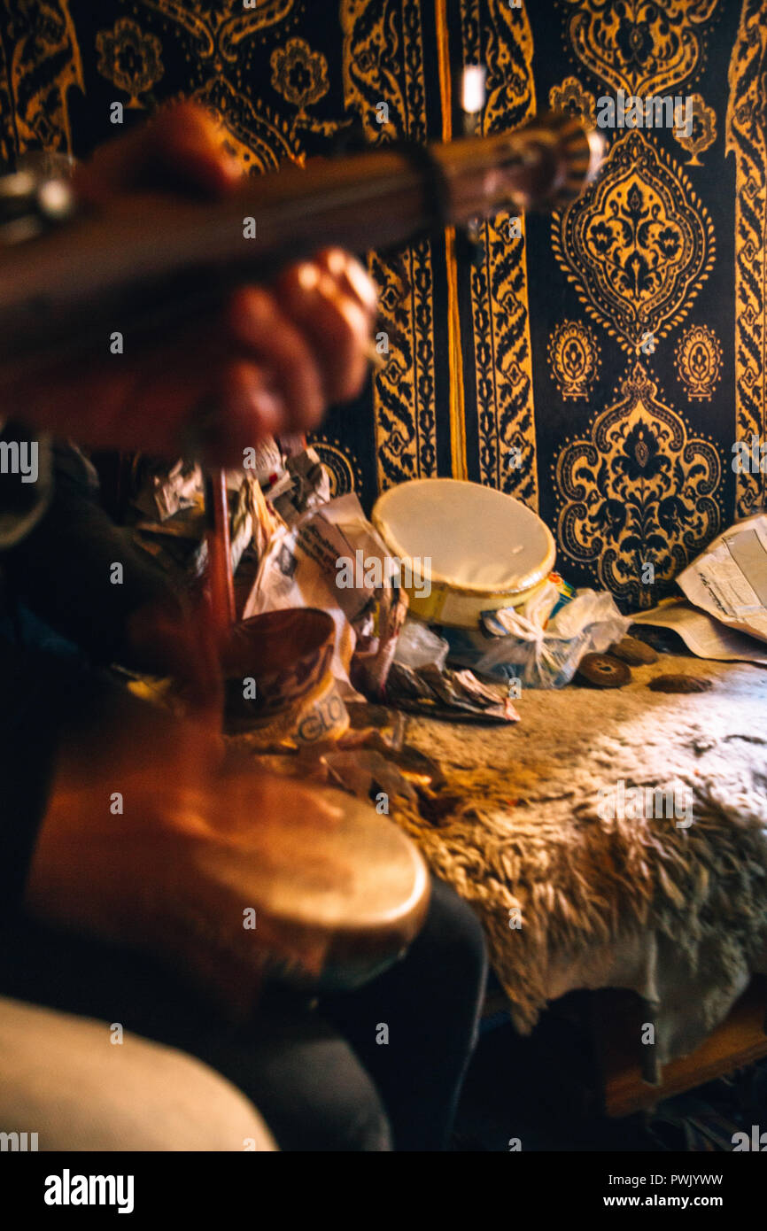 Man Strumming a Sintir aka Guembri, Chefchaouen, Morocco, 2018 Stock ...