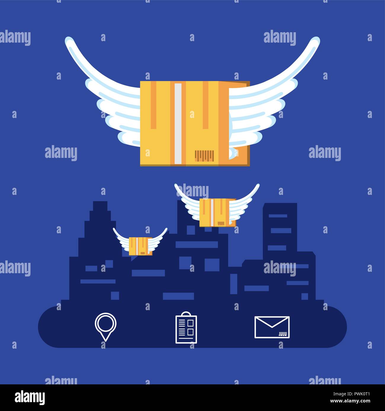 box of carton flying with cityscape and logistic service vector ...