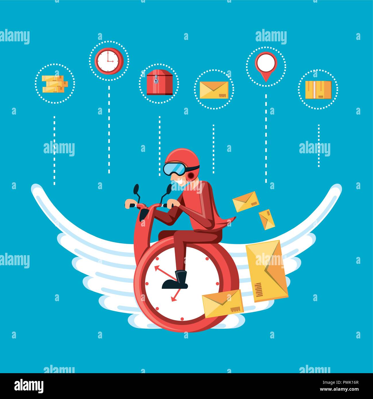 courier worker with clock flying logistic service vector illustration ...