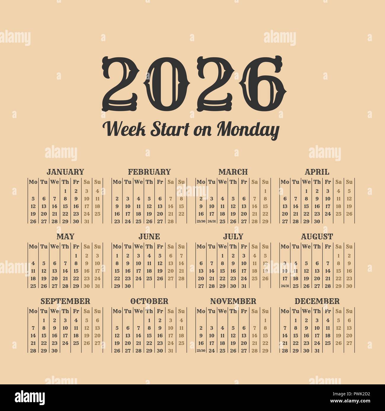 2026 year calendar in the vintage style on a beige background Stock ...