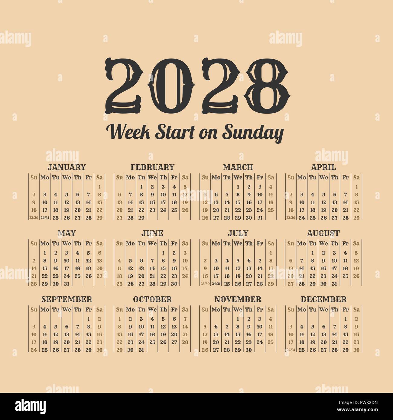 2028 year calendar in the vintage style on a beige background Stock ...