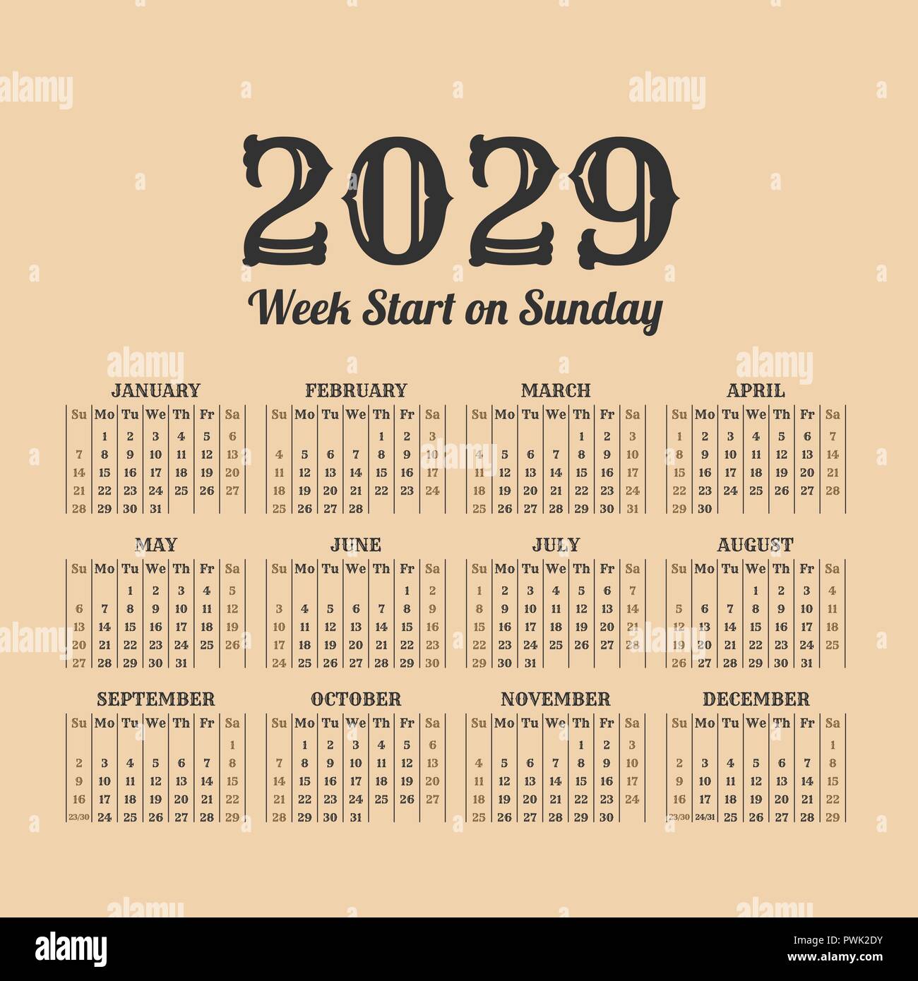 2029 year calendar in the vintage style on a beige background Stock ...