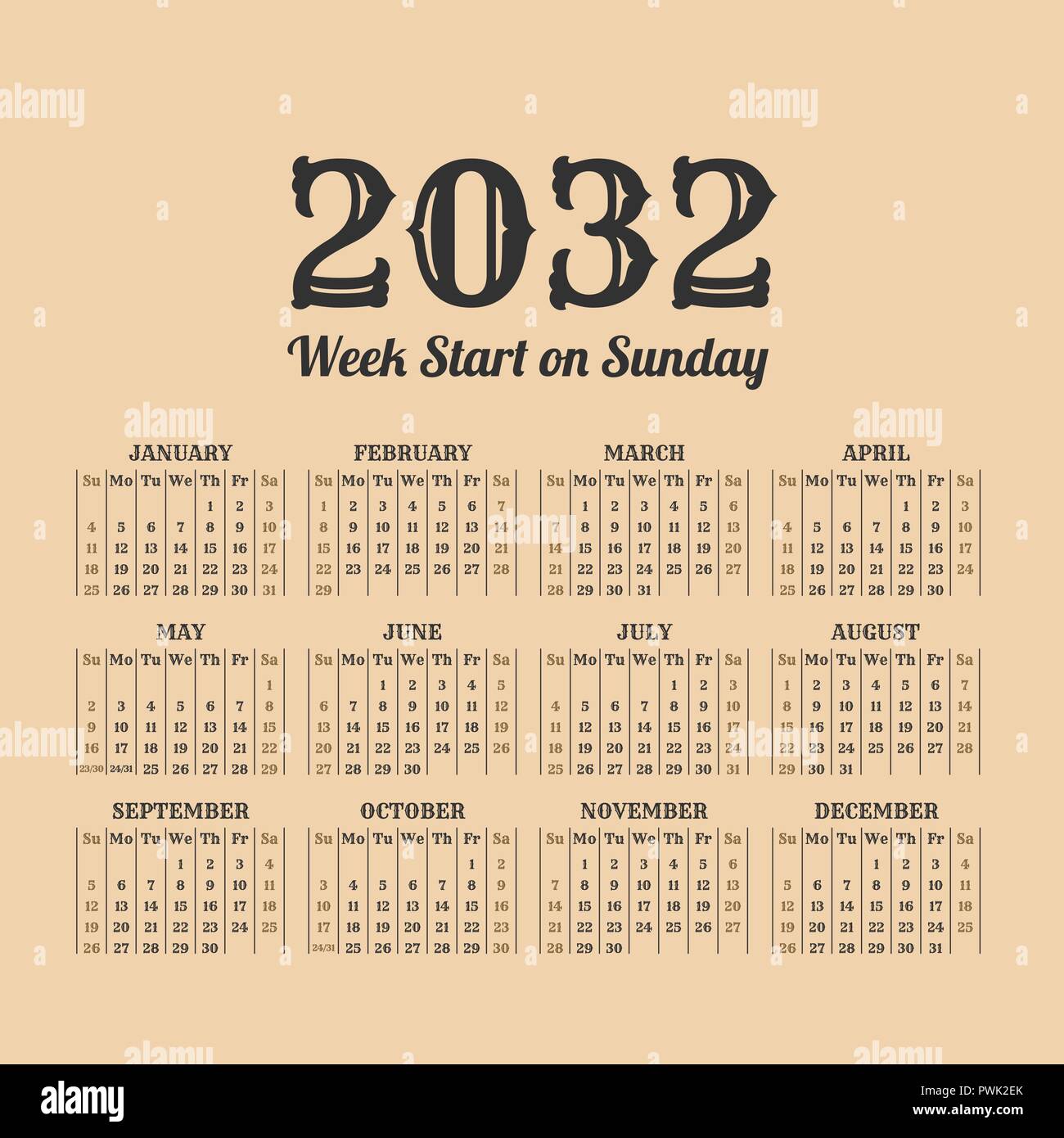2032 year calendar in the vintage style on a beige background Stock ...