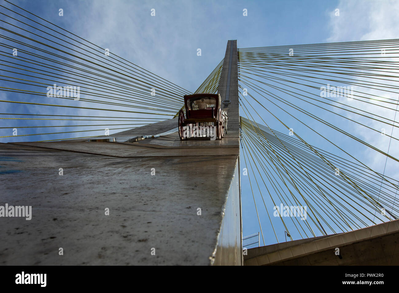 Carriage rising on a cable-stayed bridge in Sao Paulo, Brazil. Decor ...