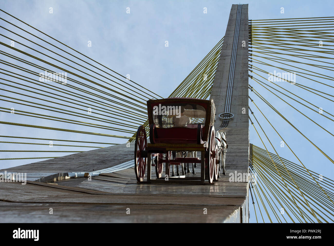 Carriage rising on a cable-stayed bridge in Sao Paulo, Brazil. Decor ...