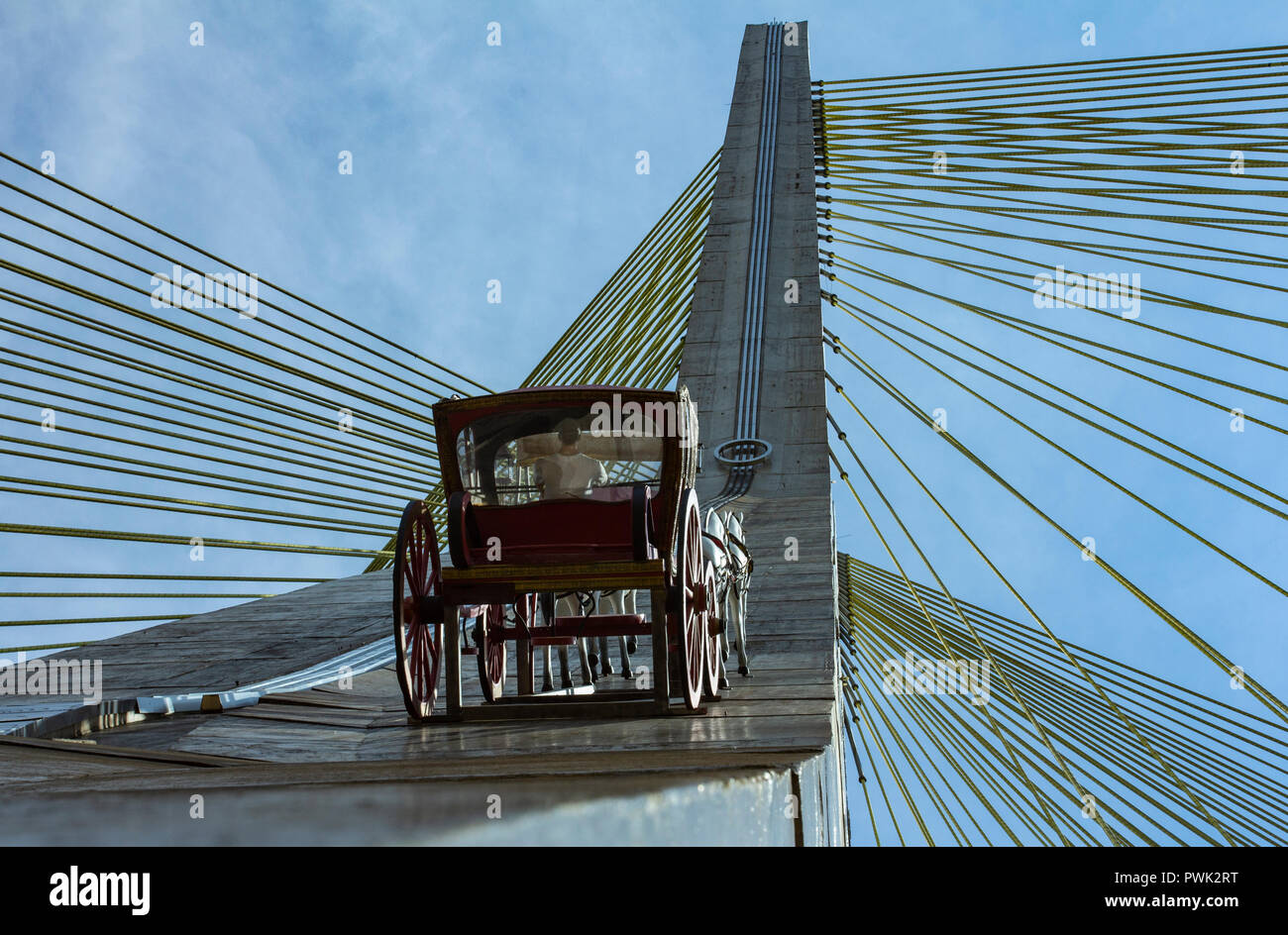 Carriage rising on a cable-stayed bridge in Sao Paulo, Brazil. Decor ...