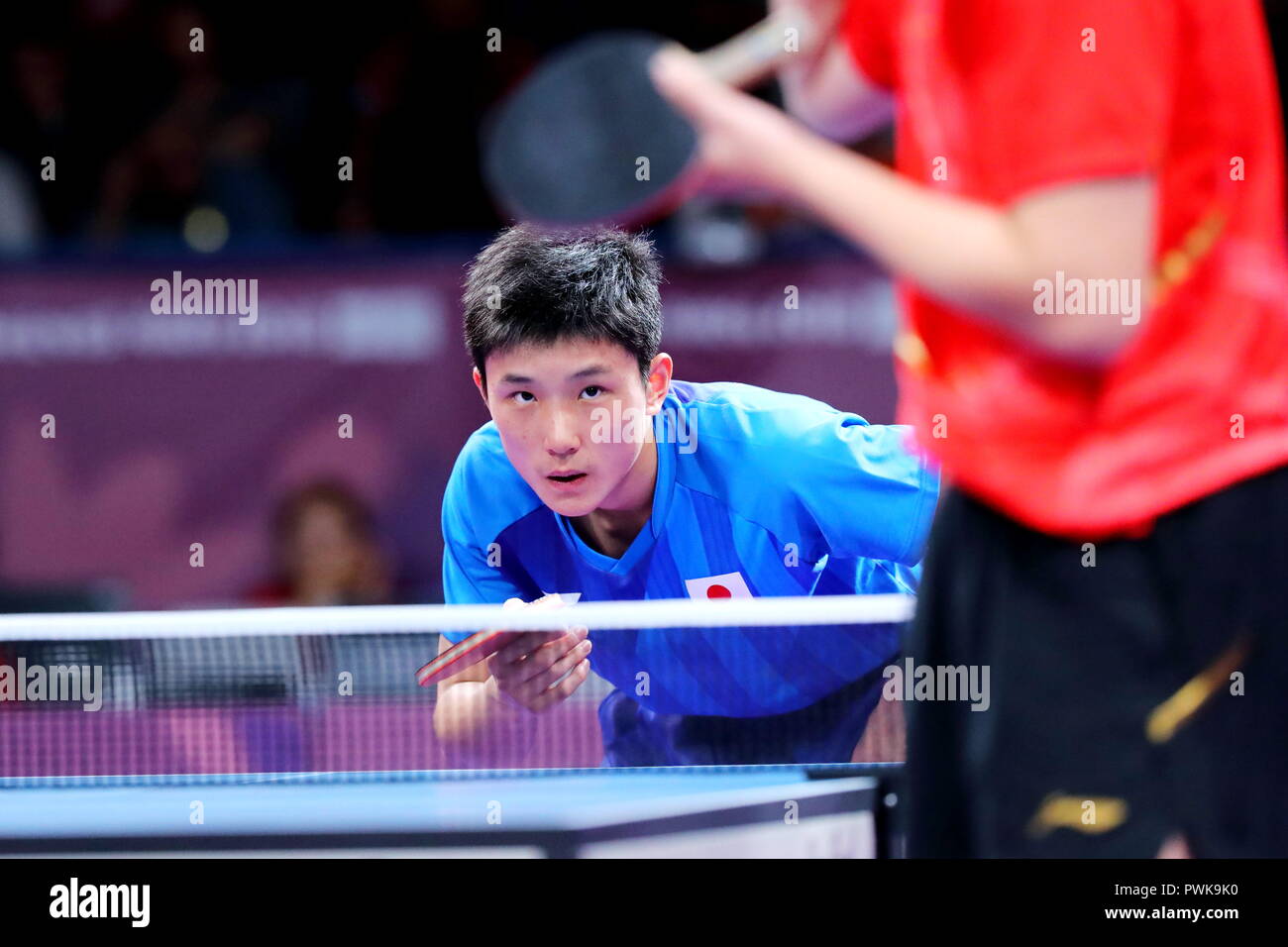 Buenos Aires, Argentina. 15th Oct, 2018. (L-R) Tomokazu Harimoto (JPN), Wang Chuqin (CHN) Table ...
